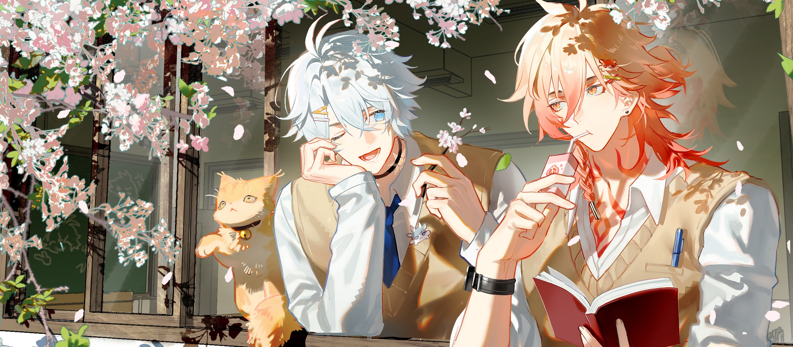Safebooru - 2boys antenna hair black choker blonde hair blue eyes blue ...
