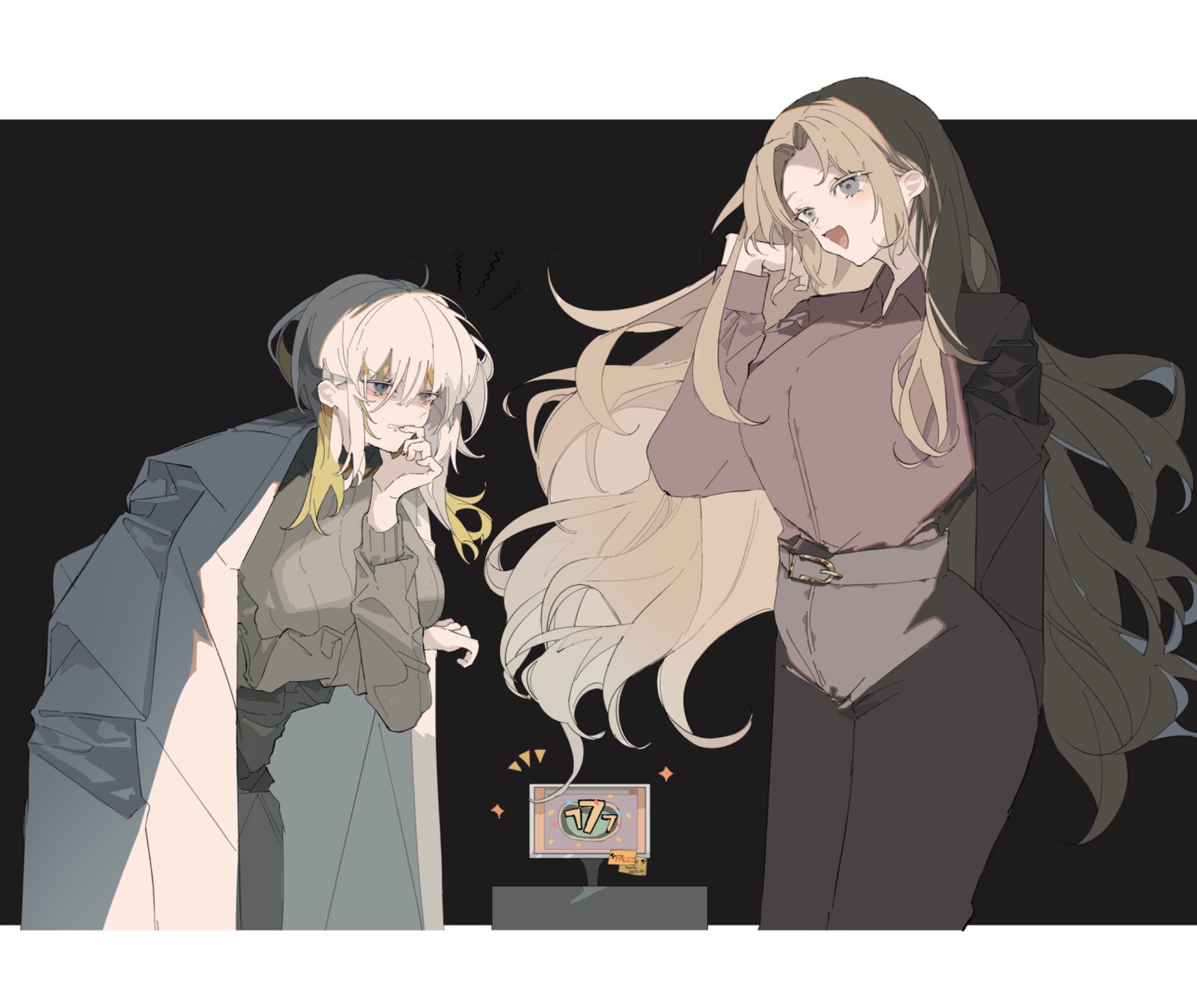 Safebooru - 2girls :d adjusting hair annoyed arm behind back belt black ...