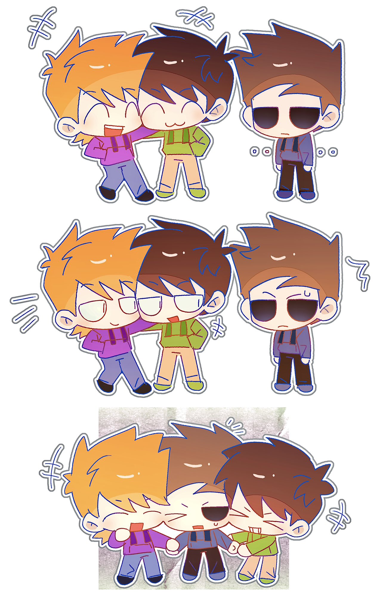 Safebooru - > o +++ ... 3boys :3 :d ^ ^ annoyed antenna hair arm around ...