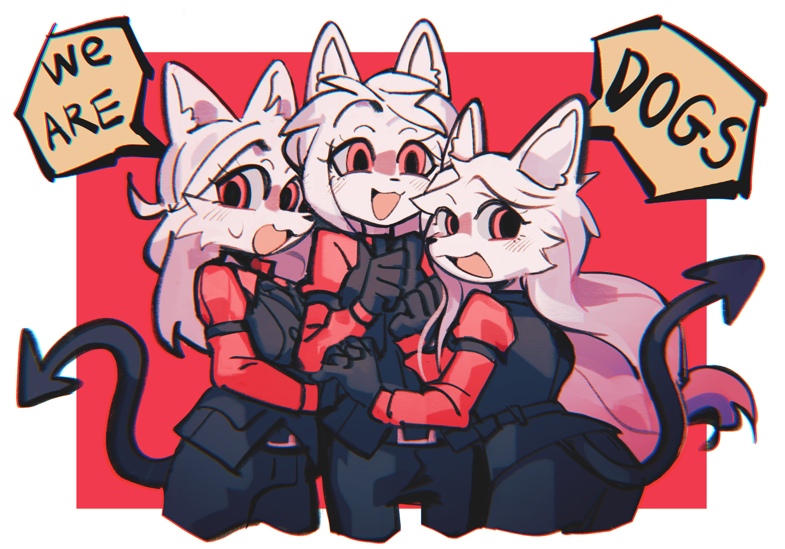 Safebooru - 3girls :3 :d animal ears animal nose black pants black vest ...