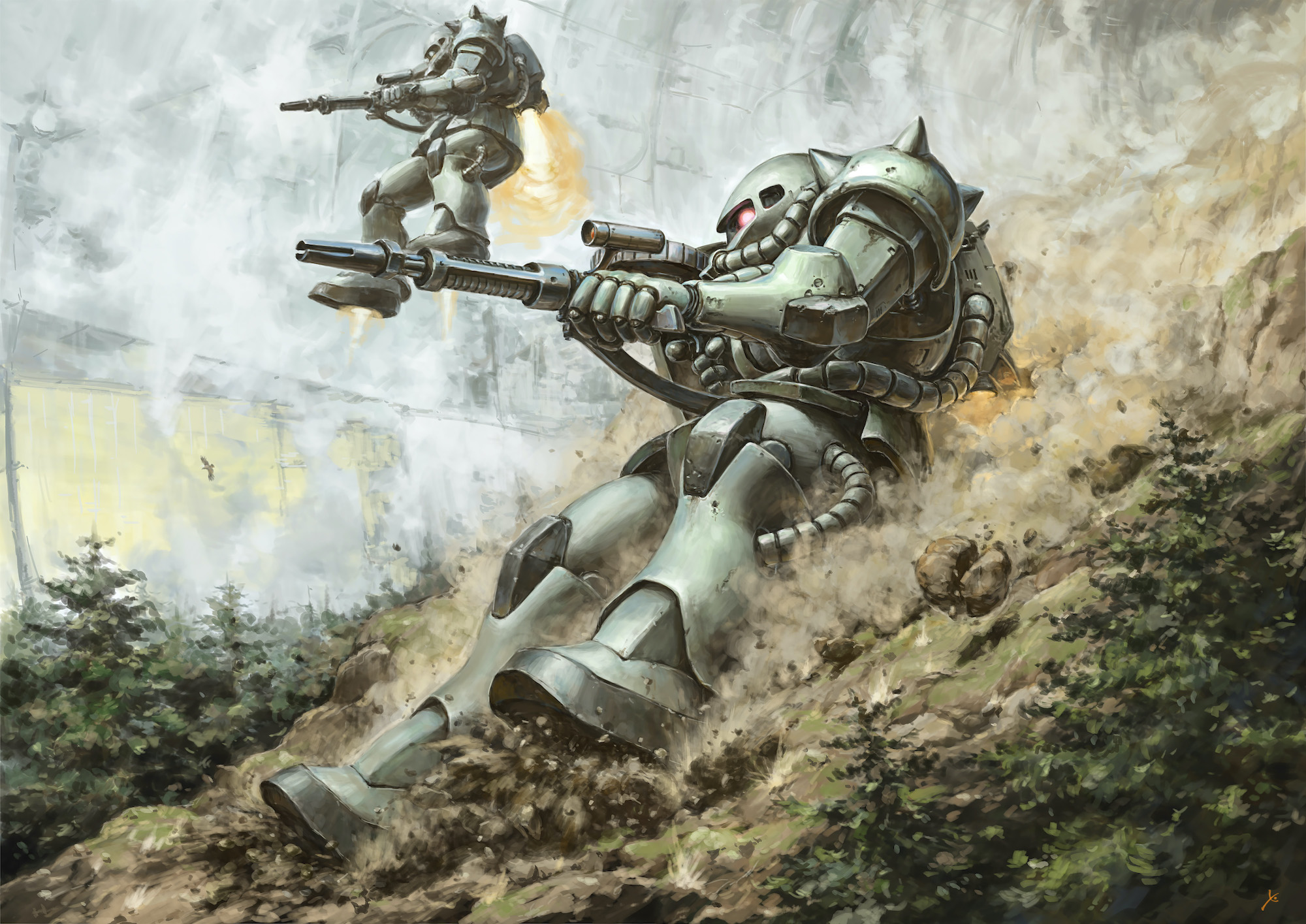 Safebooru - bird dust cloud gun gundam highres jetpack looking through ...