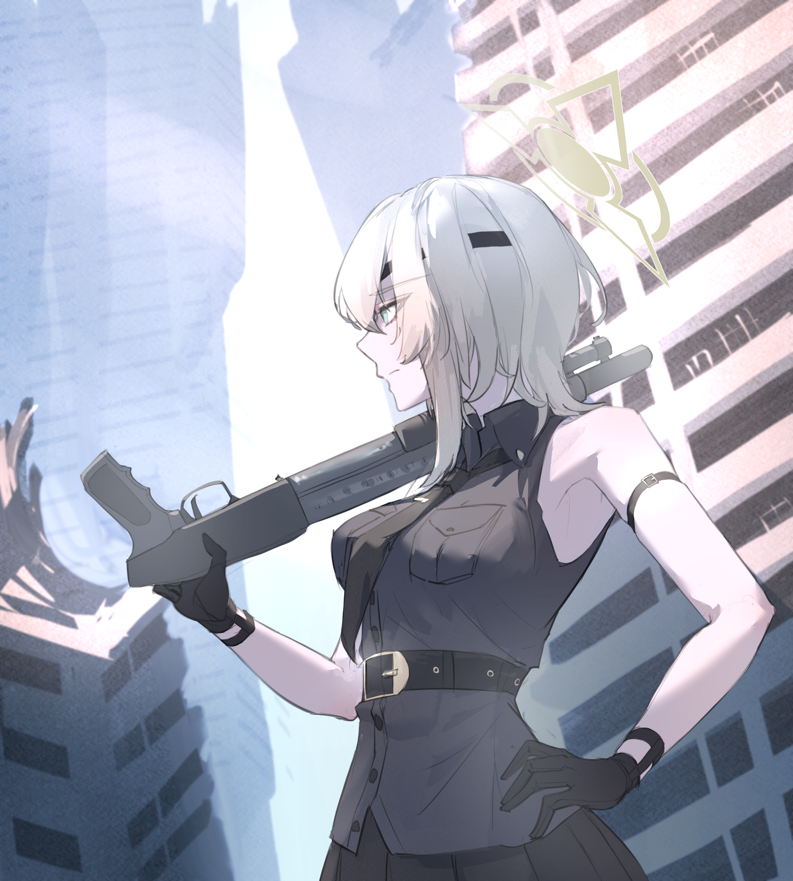 Safebooru - 1girl arm belt armpits belt black gloves black necktie ...