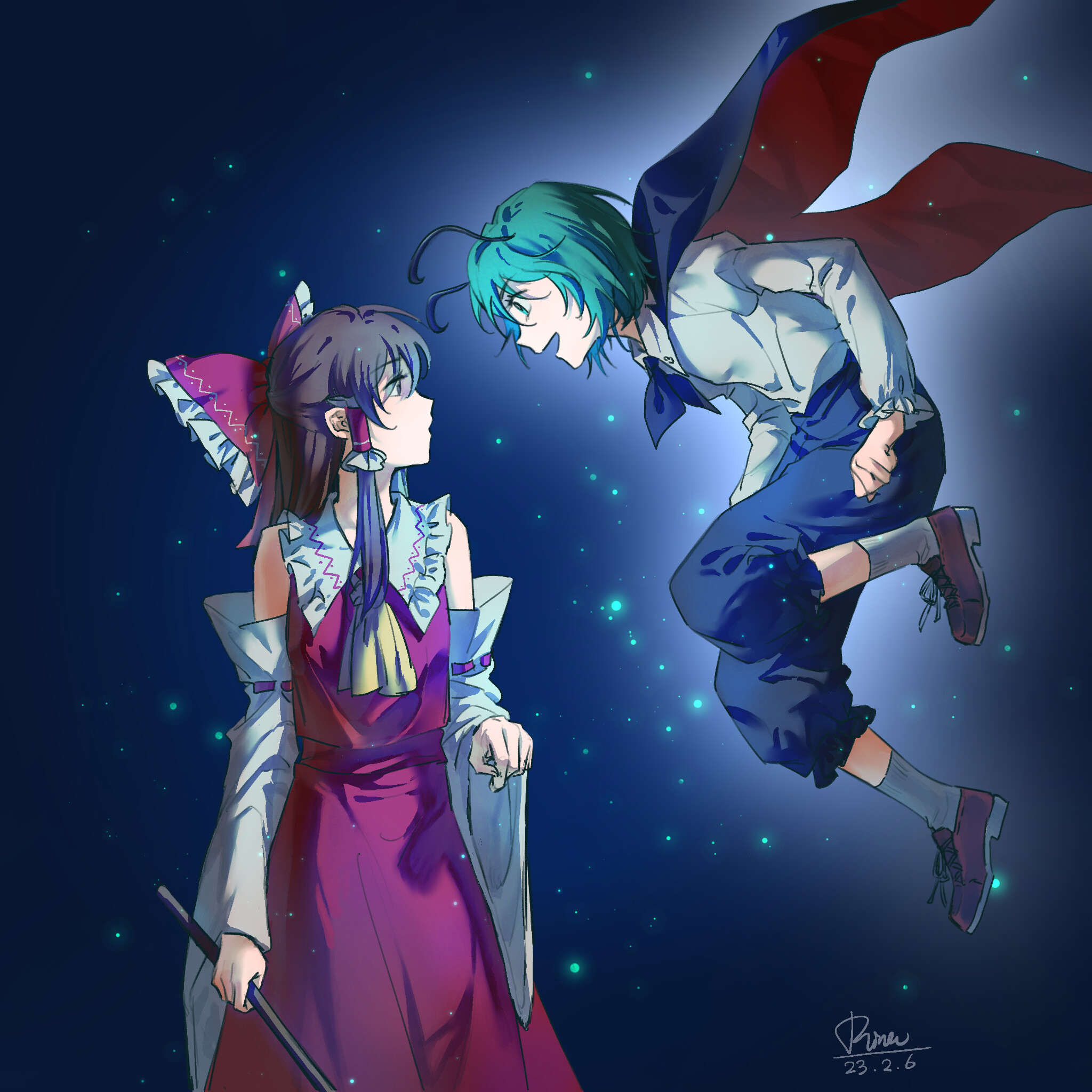 Safebooru - 2girls aihara-rina antennae ascot black cape blue pants bow ...