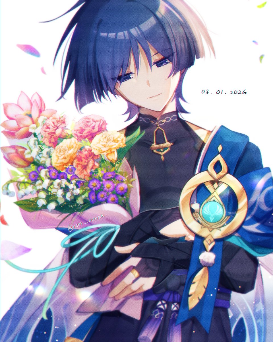 Safebooru - 1boy anemo symbol (genshin impact) bouquet falling petals ...