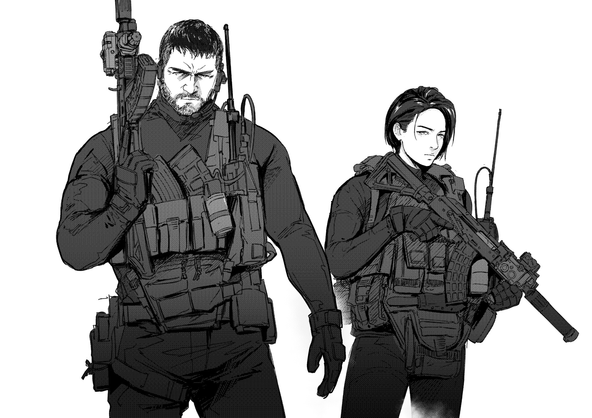 Safebooru - 1boy 1girl argent moon assault rifle beard stubble black ...