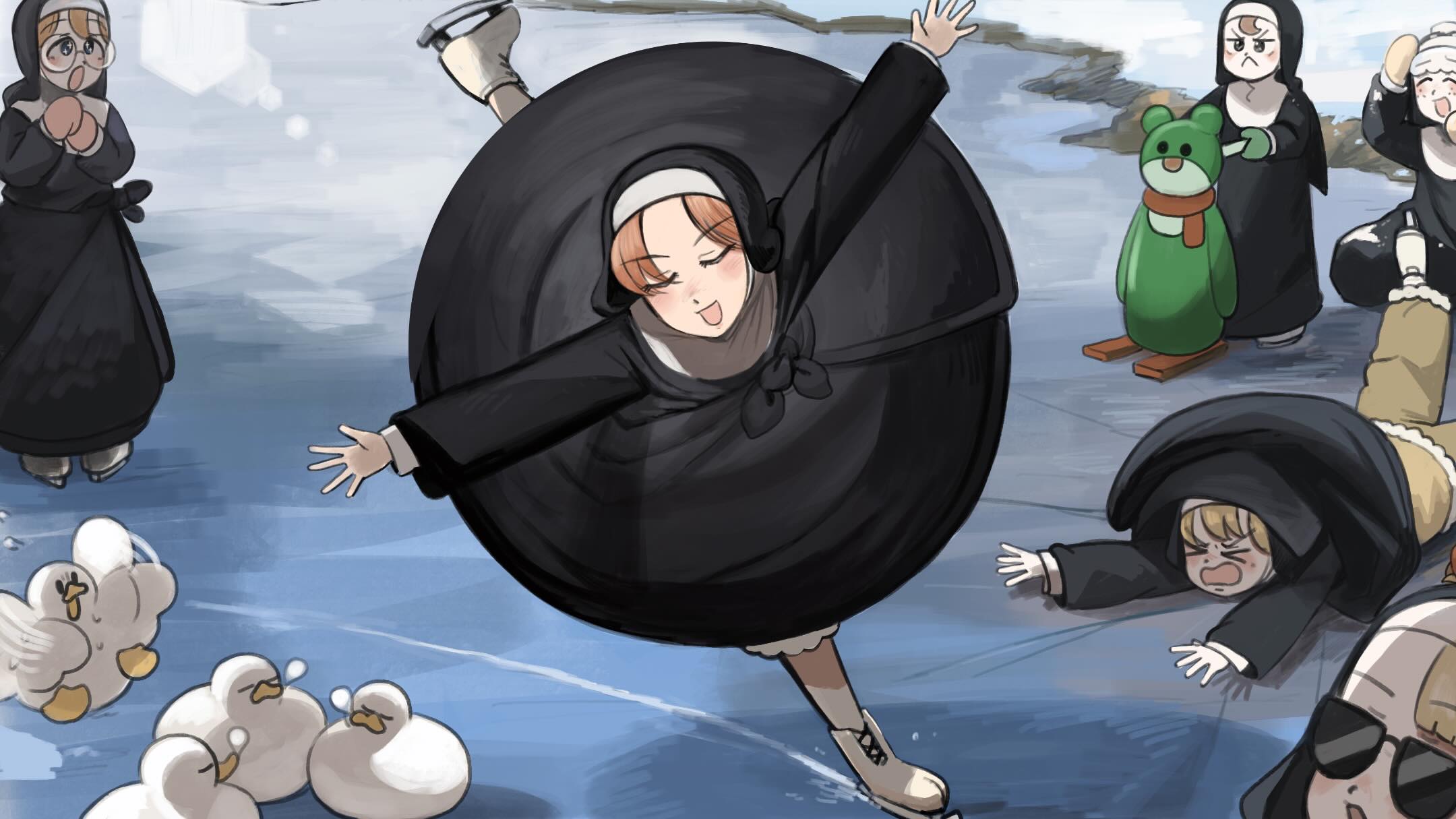 Safebooru - 6+girls :d :o bird blonde hair blue eyes brown hair chicken ...