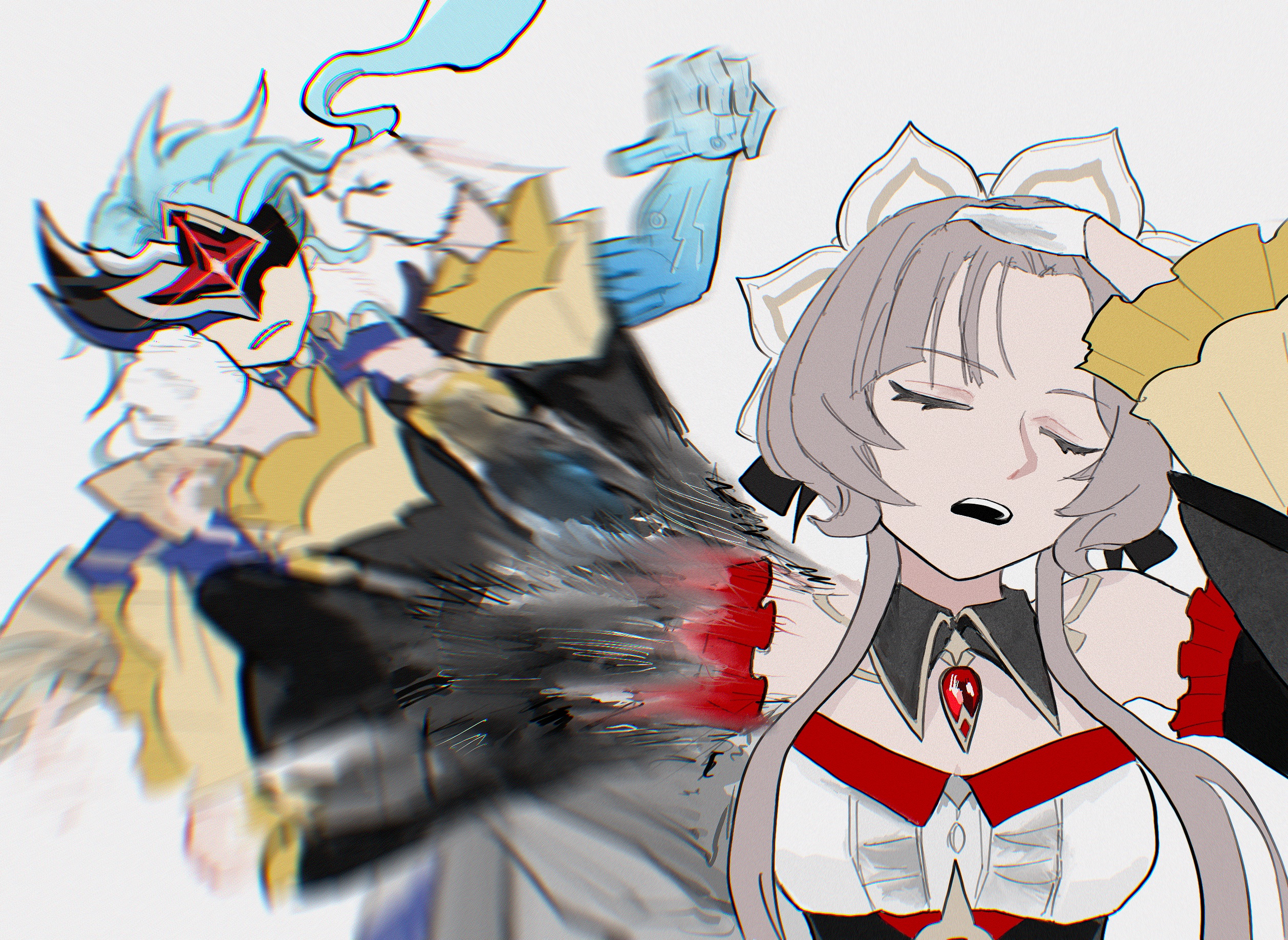 Safebooru - 1boy 1girl arms up black bow black mask black sleeves blue ...