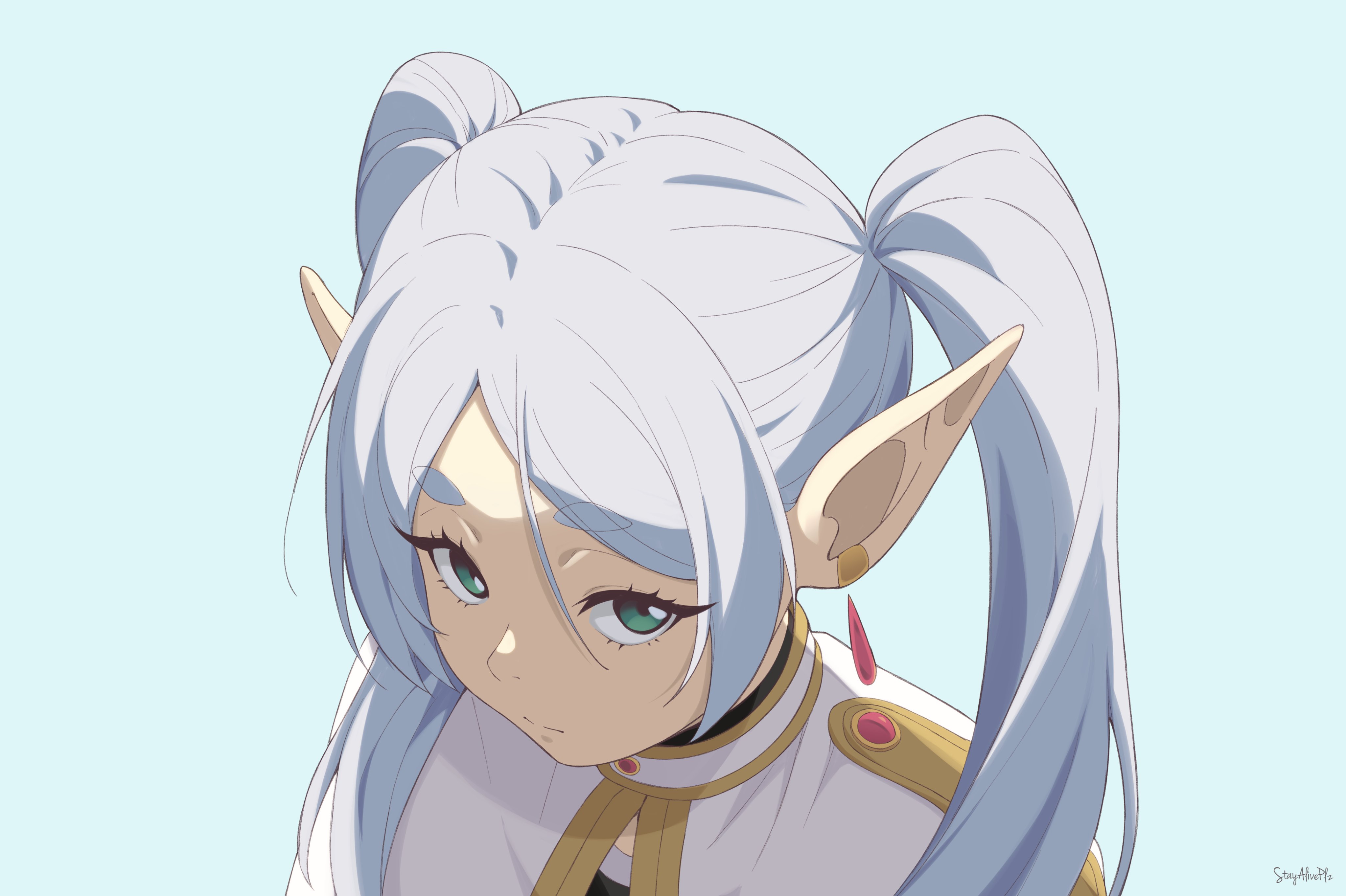 Safebooru - 1girl absurdres blue background earrings elf eyelashes ...