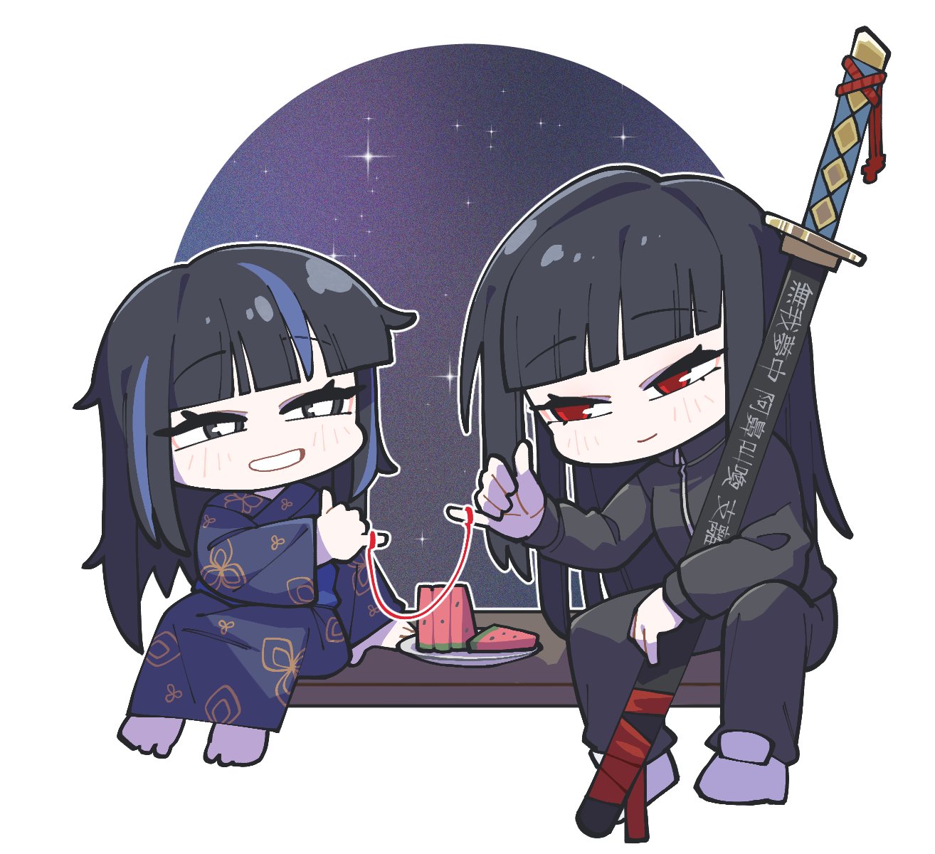 Safebooru - 2girls araya (project moon) barefoot black hair black ...