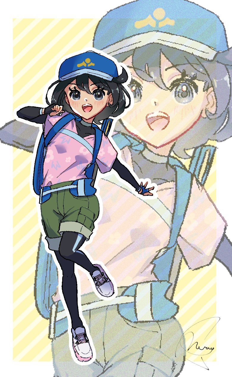 Safebooru - 1girl :d black hair black leggings blue hat commentary ...