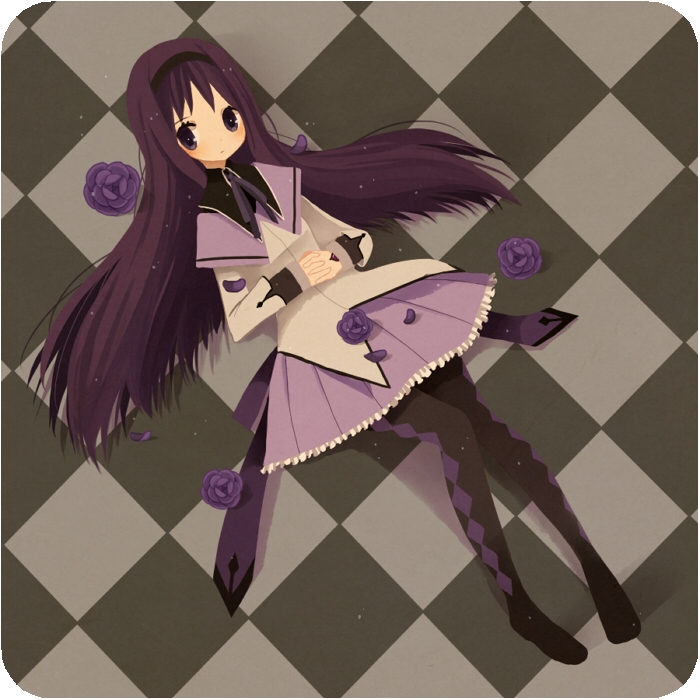 Safebooru - akemi homura argyle argyle legwear ayu (mog) bad id black eyes black hair black ...