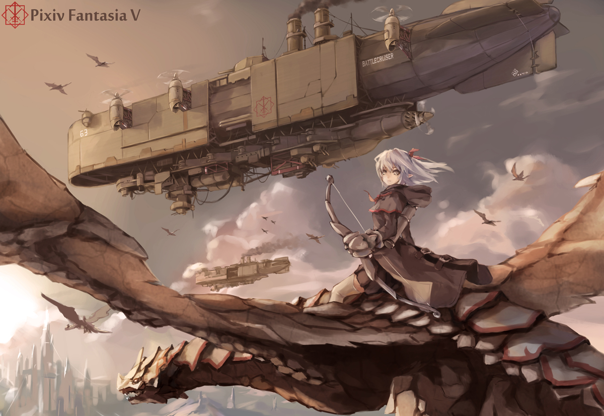Safebooru - airship bow (weapon) cloud clouds dragon elf pixiv fantasia ...