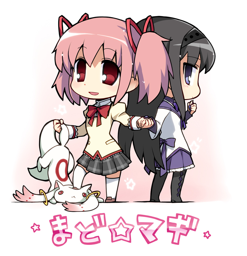 Safebooru - akemi homura black hair blue eyes chibi hair ribbon hairband hand holding holding ...