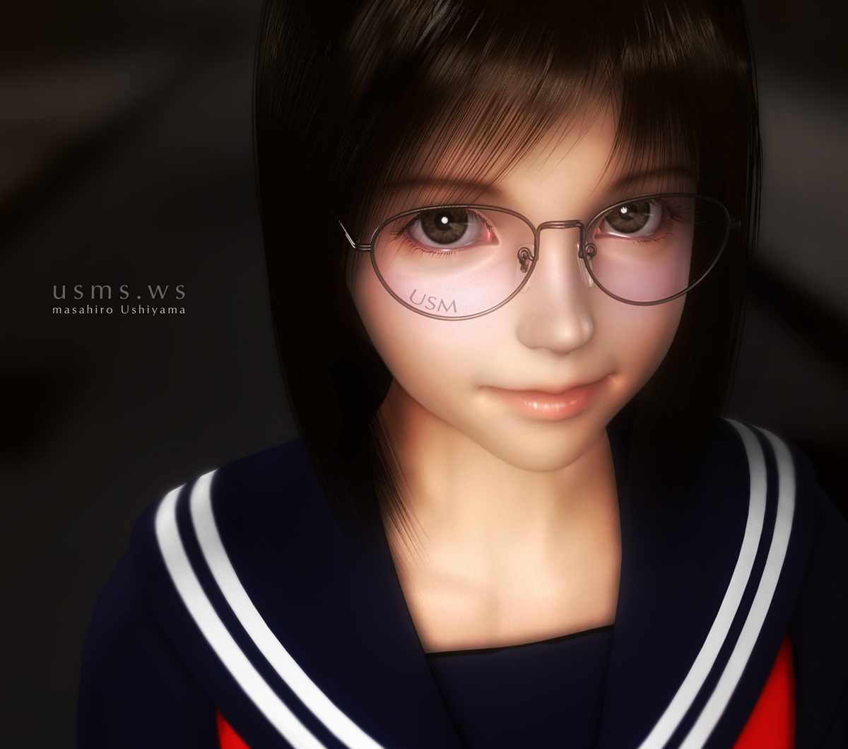 Safebooru - 3d black hair brown eyes face glasses light smile looking ...