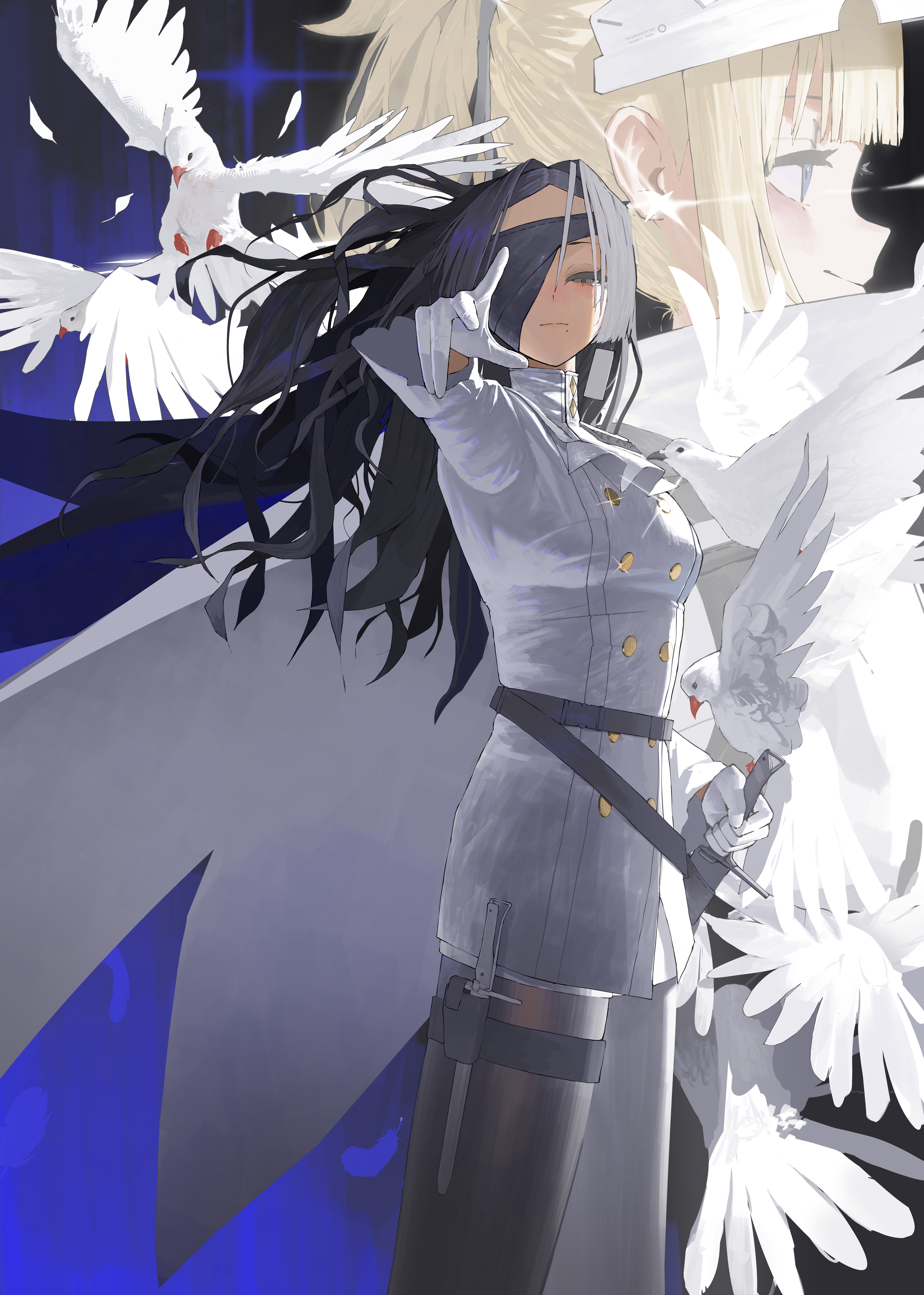 Safebooru - 2girls absurdres ascot bird black hair blonde hair blue ...