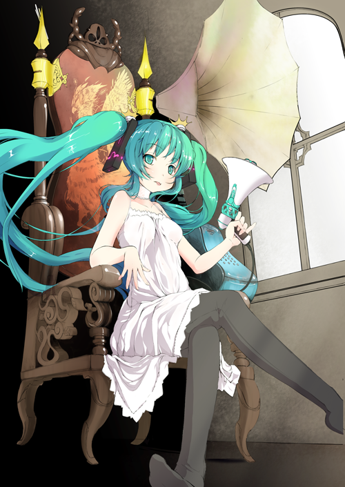 Safebooru - aqua eyes aqua hair chair crossed legs dress furisuku ...