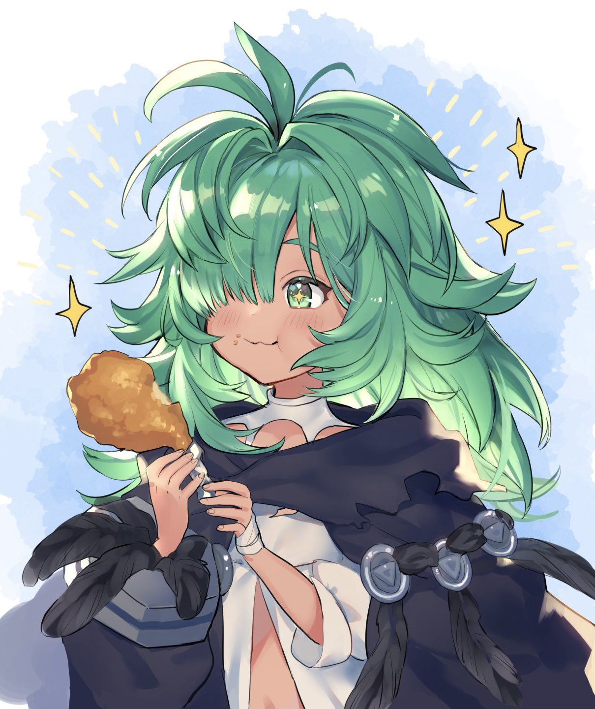 Safebooru - 1girl bandages chicken leg cloak eating food food on face ...