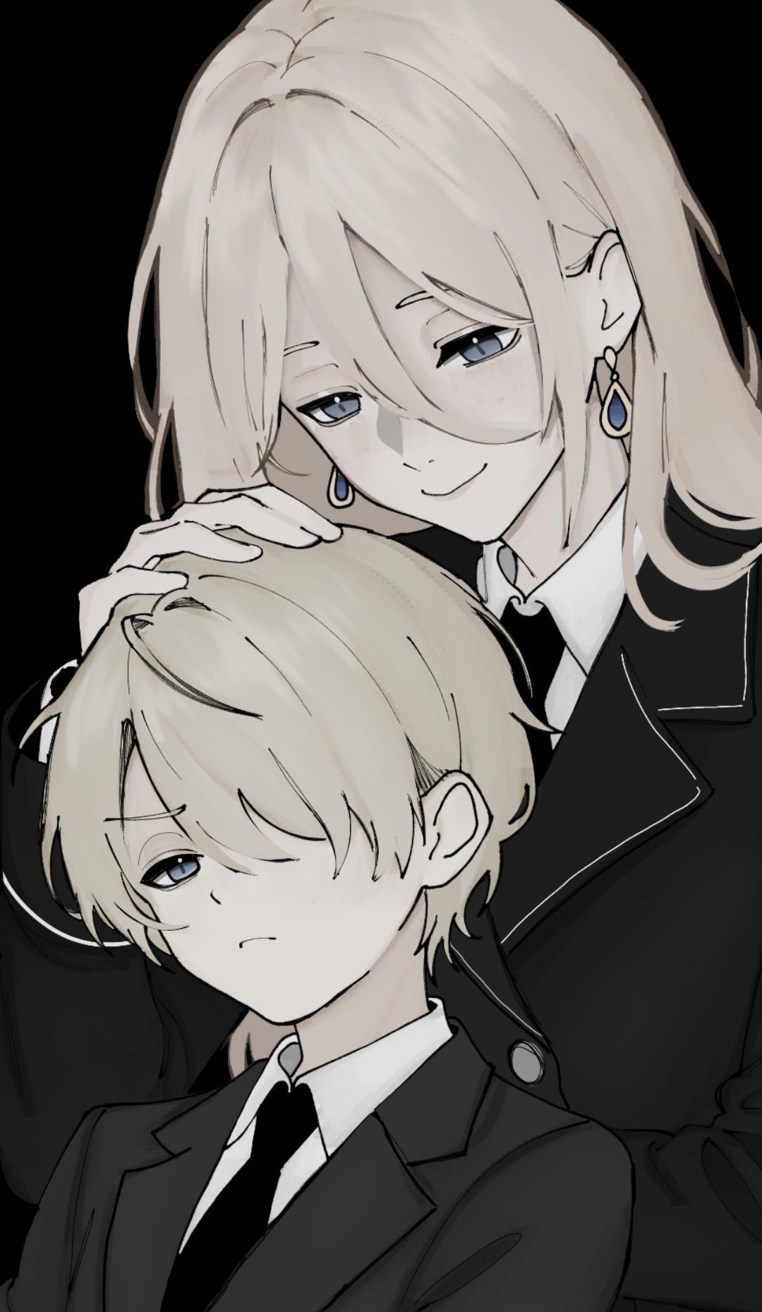 Safebooru - 1boy 1girl age difference black background blonde hair ...