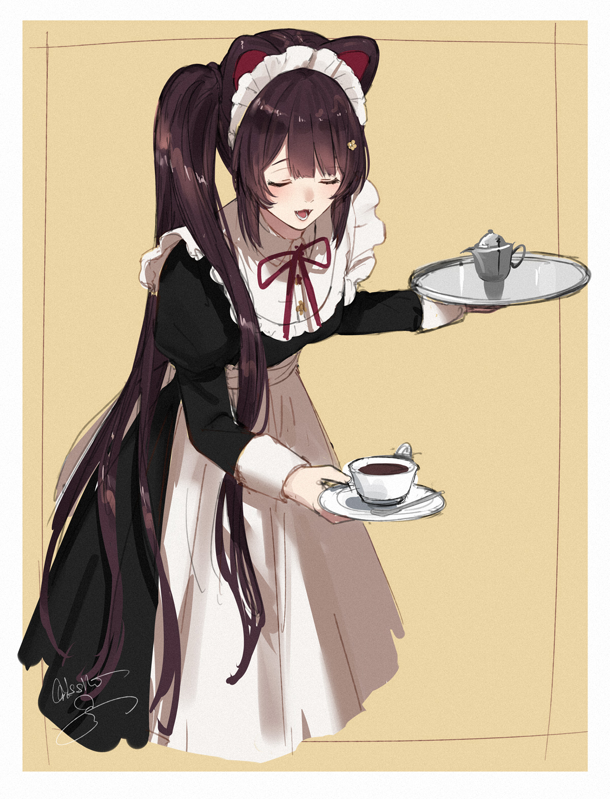 Safebooru - 1girl animal ears apron black dress blue eyes border brown ...