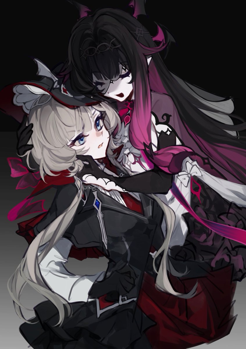 Safebooru - 2girls black background black gloves black hair blue eyes ...