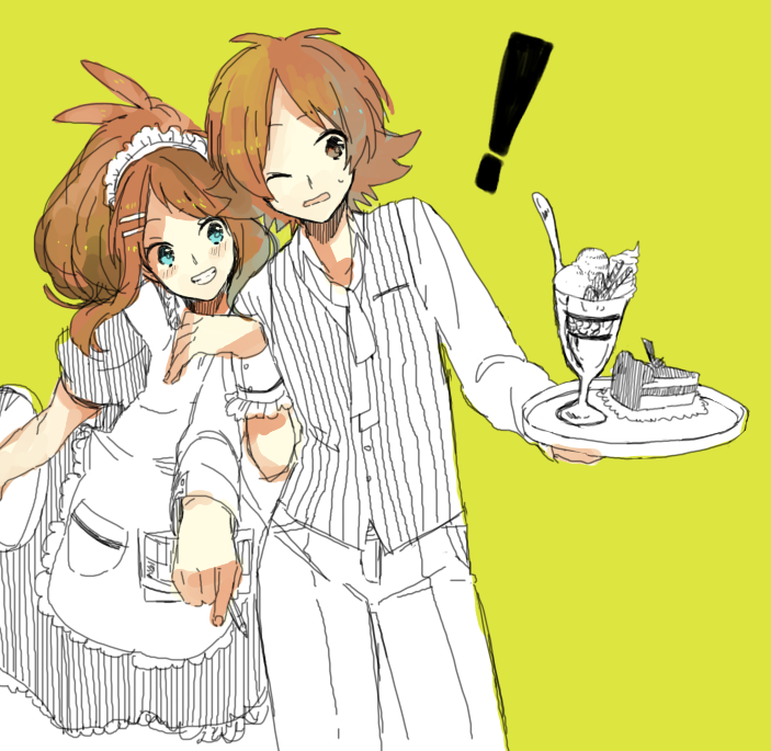 Safebooru - 6927mukutuna apron cake couple food grin ice cream maid ...