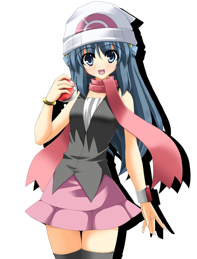 Safebooru - black legwear black shirt blue eyes blue hair blush hat hikari (pokemon) holding ...