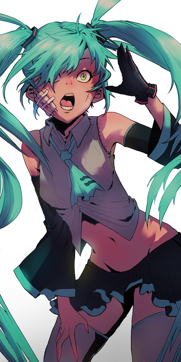 Safebooru - aqua hair armpits bandaid face flat chest gloves green eyes ...