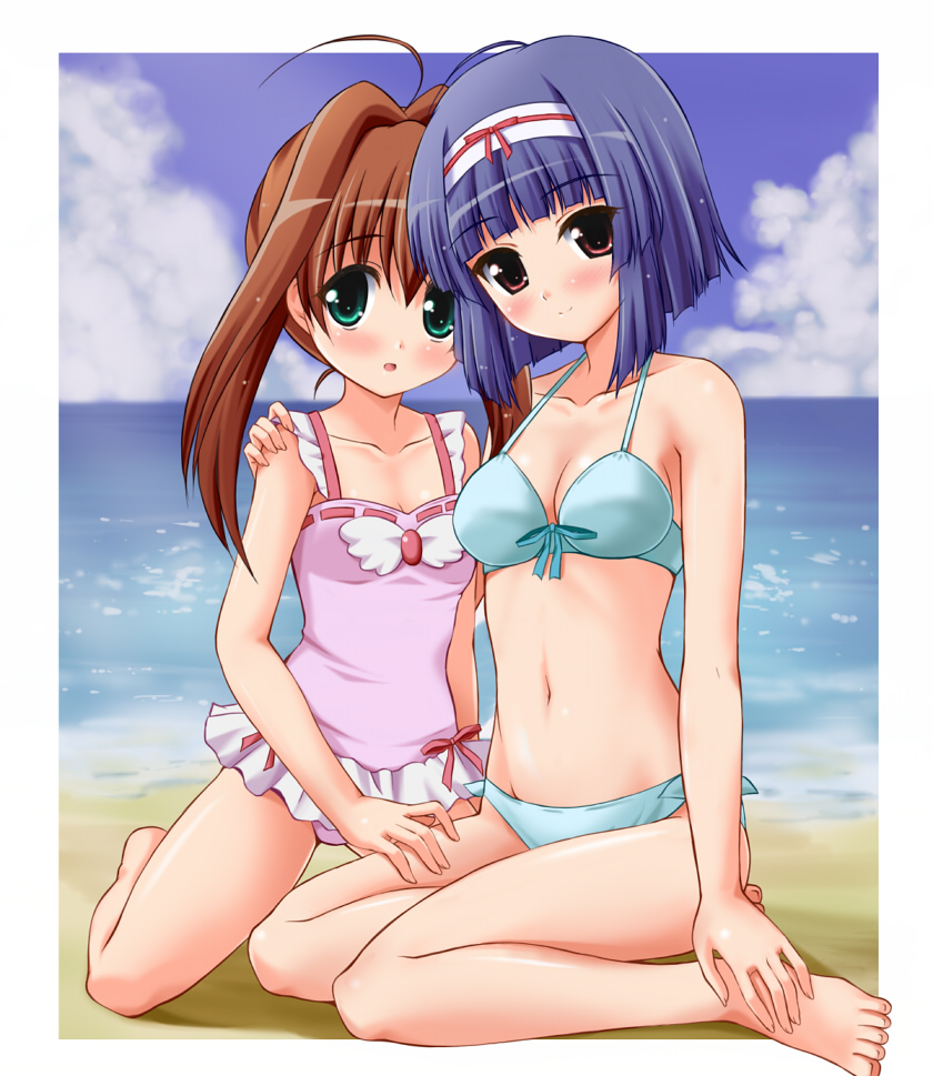 Safebooru - barefoot beach bikini blue hair brown hair casual one-piece swimsuit chisato ...