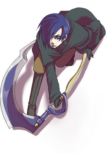 Safebooru - blood+ blue hair hazuki jun moses pixiv thumbnail schiff scythe solo weapon | 597257