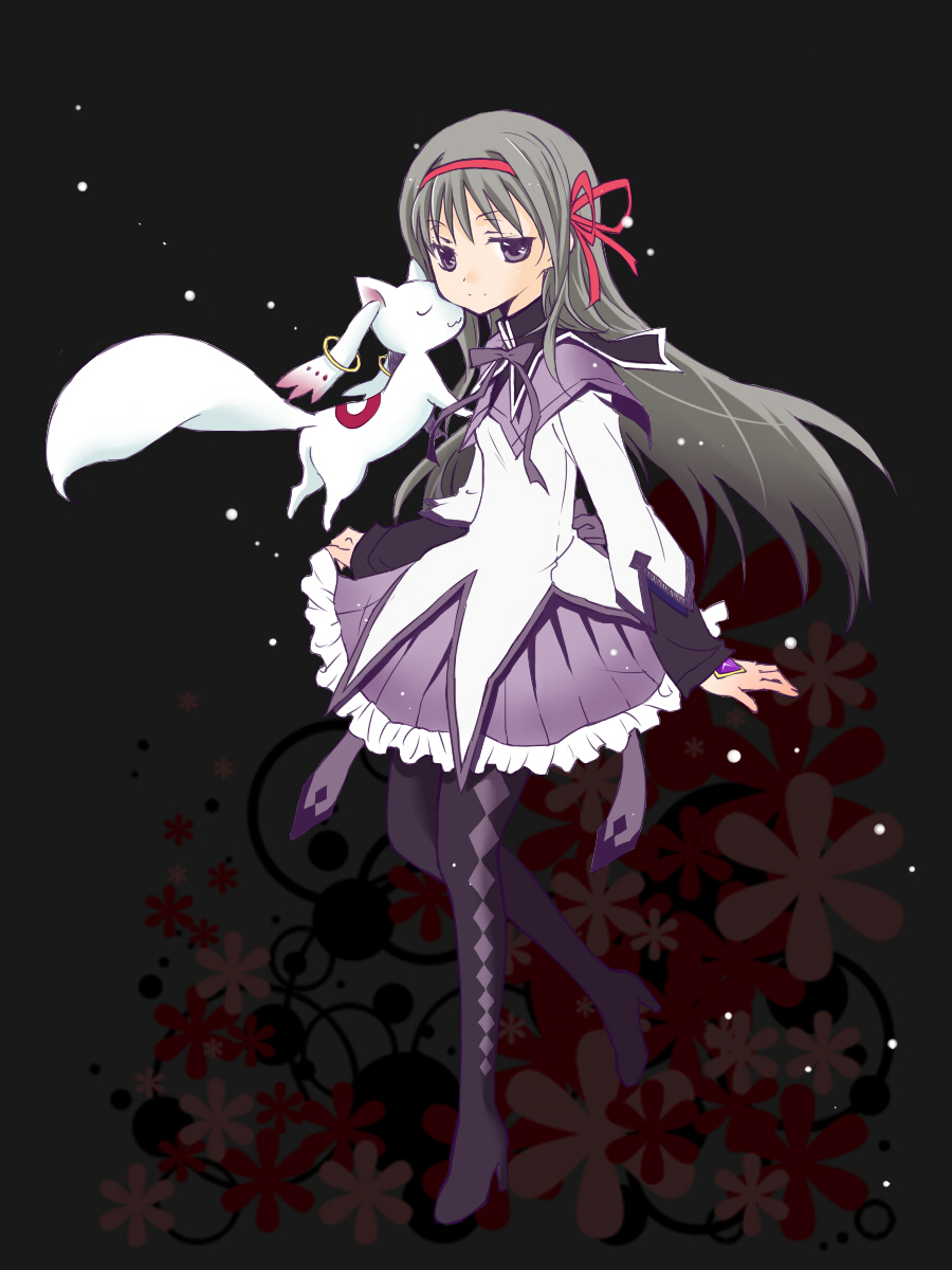 Safebooru - :3 akemi homura black hair boots closed eyes eyes closed flower high heels highres ...