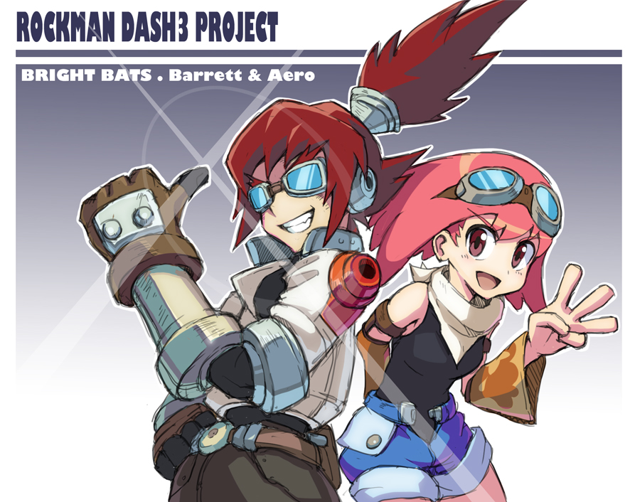 Safebooru - 5yusuke3 aero barrett (rockman dash) belt capcom gloves goggles pink hair ponytail ...