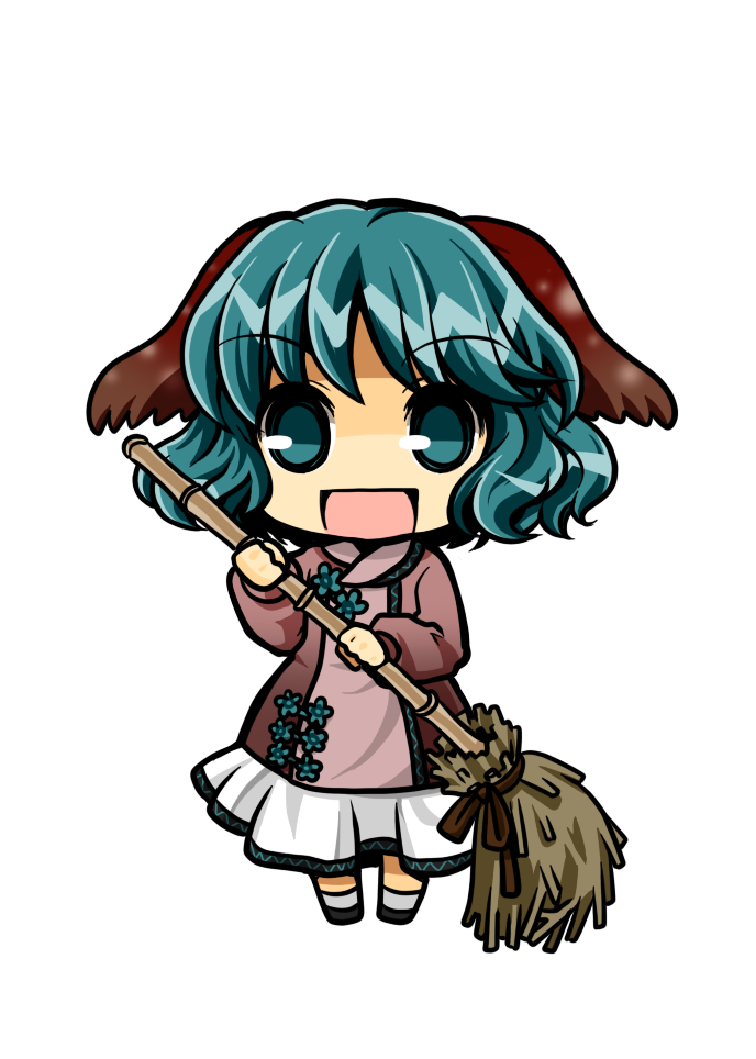 Safebooru - animal ears bamboo broom broom chibi dress green eyes green ...