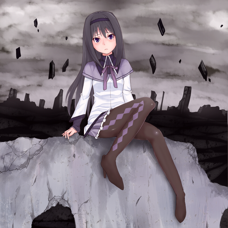 Safebooru - akemi homura argyle argyle legwear cityscape daimosu destruction hairband mahou ...