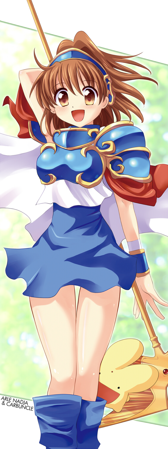 Safebooru - 1girl :d arle nadja armor armored dress blue footwear blue skirt breastplate brown ...
