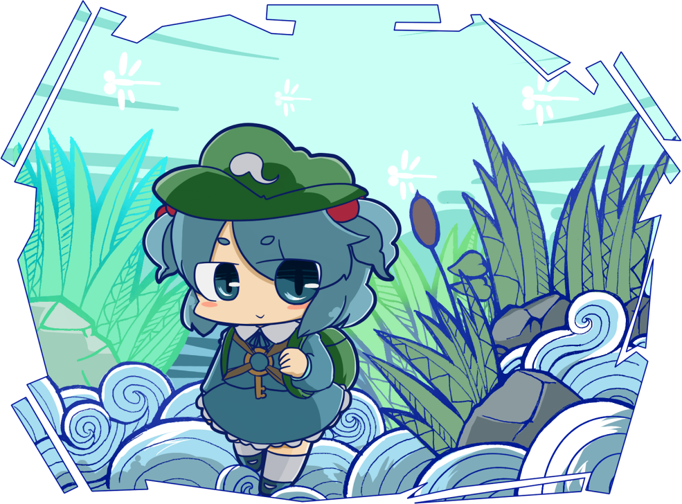 Safebooru - :> backpack bag blue eyes blue hair blush stickers chibi ...