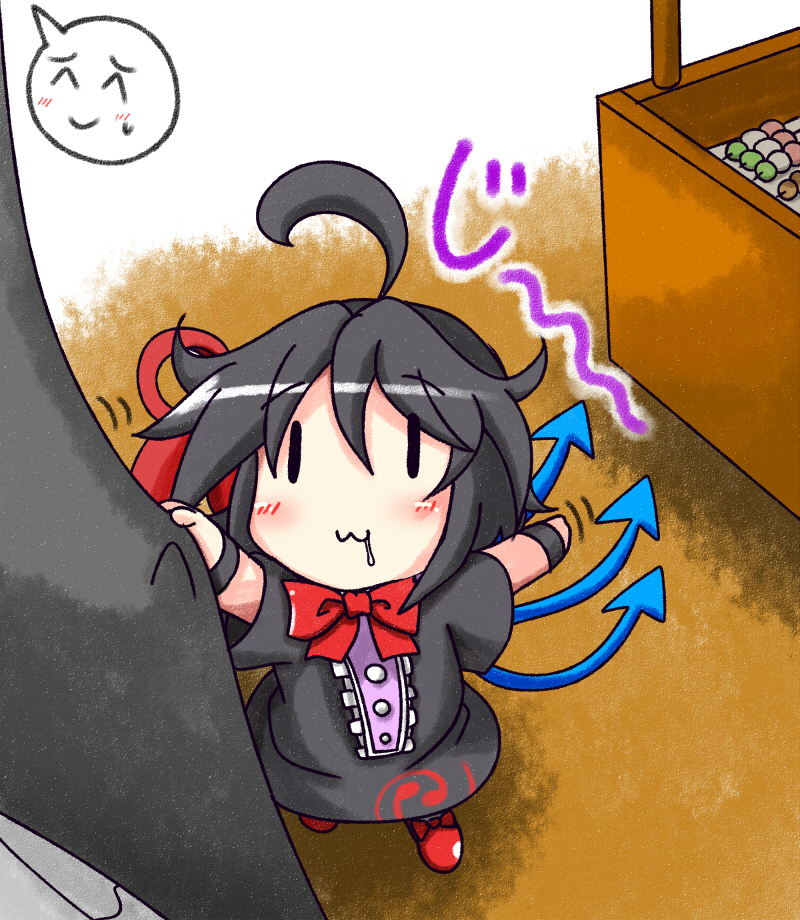 Safebooru - :3 ahoge asymmetrical wings black hair blush bow chibi ...