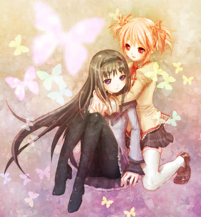 Safebooru - akemi homura argyle argyle legwear black hair black legwear boots butterfly hair ...