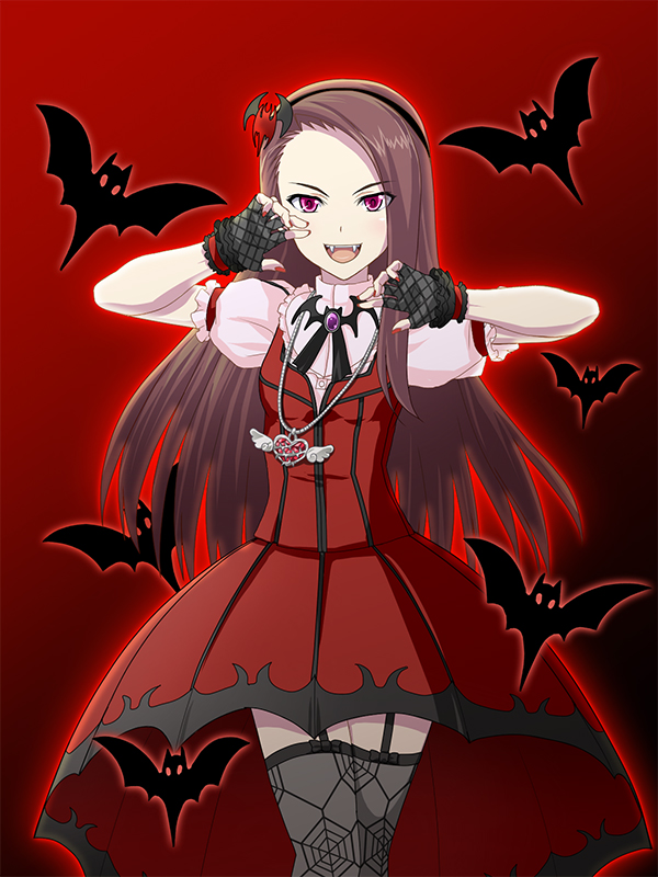 Safebooru - :d bat brown eyes brown hair dress fang fingerless gloves ...