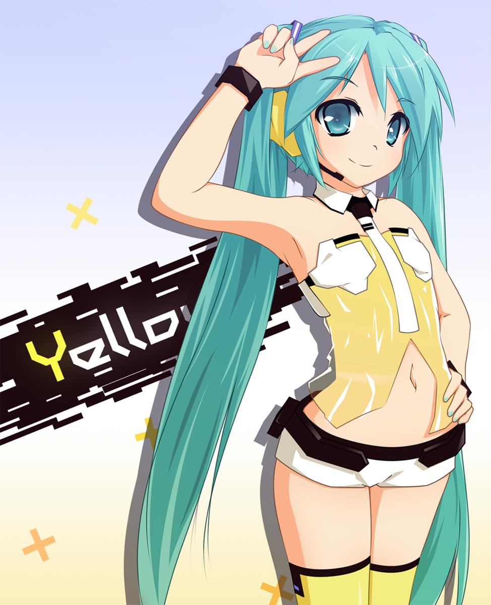 Safebooru - aqua eyes aqua hair arm up armpits bare shoulders collar detached collar hand on hip ...