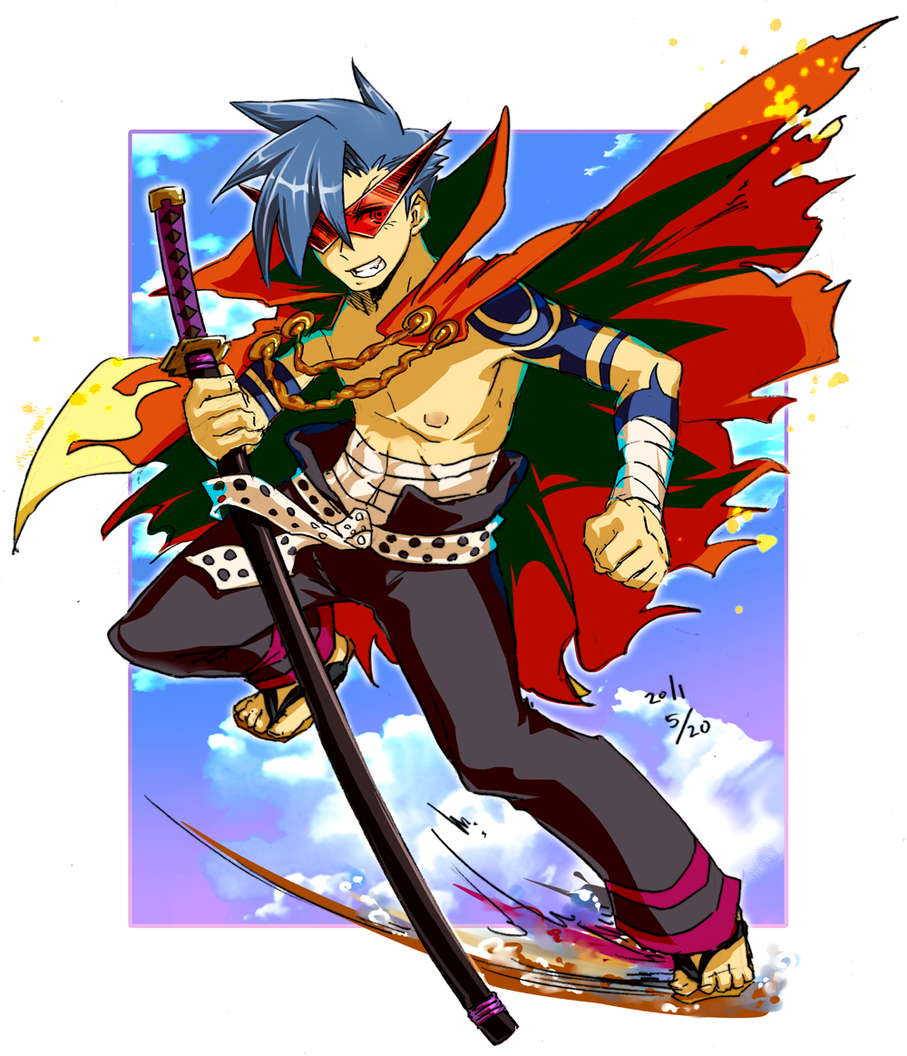 Safebooru - bandage bandages belt blue hair cape kamina kamina shades ...