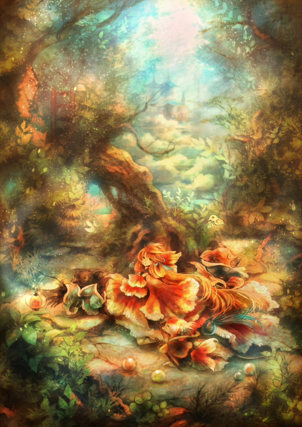 Safebooru - dress fantasy fish forest goldfish highres landscape nature original sui (petit ...