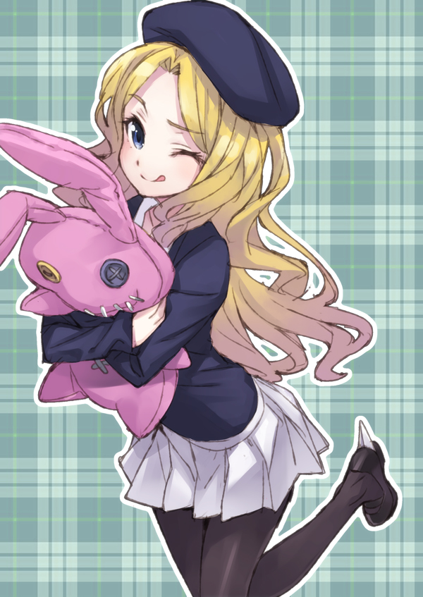 Safebooru - 1girl ;q beret black legwear blonde hair blue eyes blush frenda seivelun hat hug ...