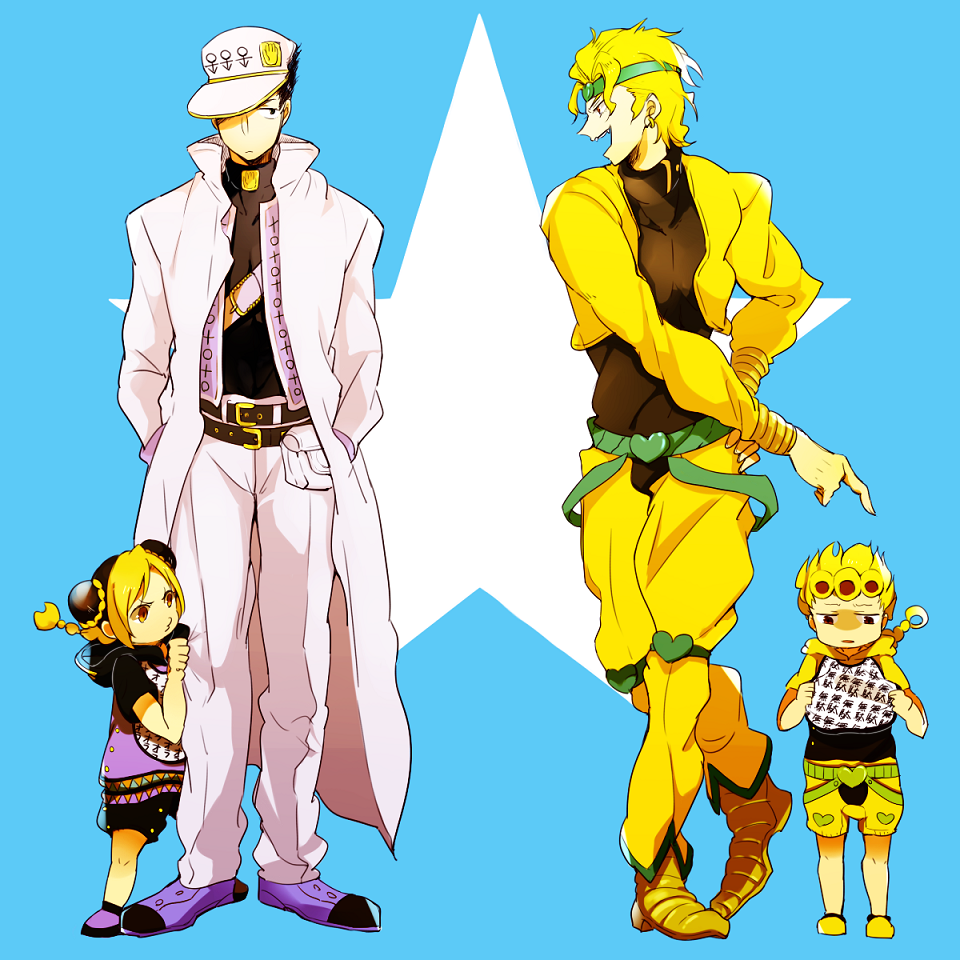 Safebooru - 1girl 3boys bib black hair blonde hair braid child dio ...