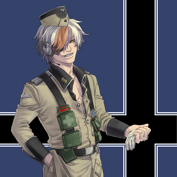 Safebooru - alice soft daiteikoku el rommel grin hair over one eye hand ...
