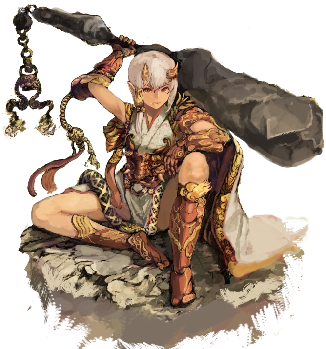 Safebooru - boots cape cloak club gauntlets gloves grey hair horns ...