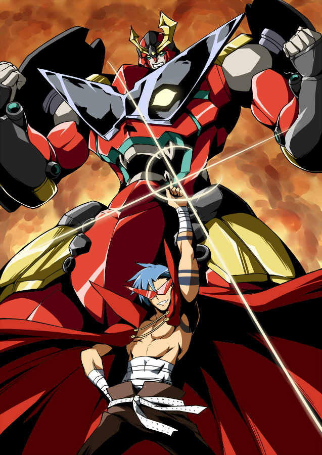 Safebooru - bandage bandages belt blue hair cape grin gurren-lagann ...