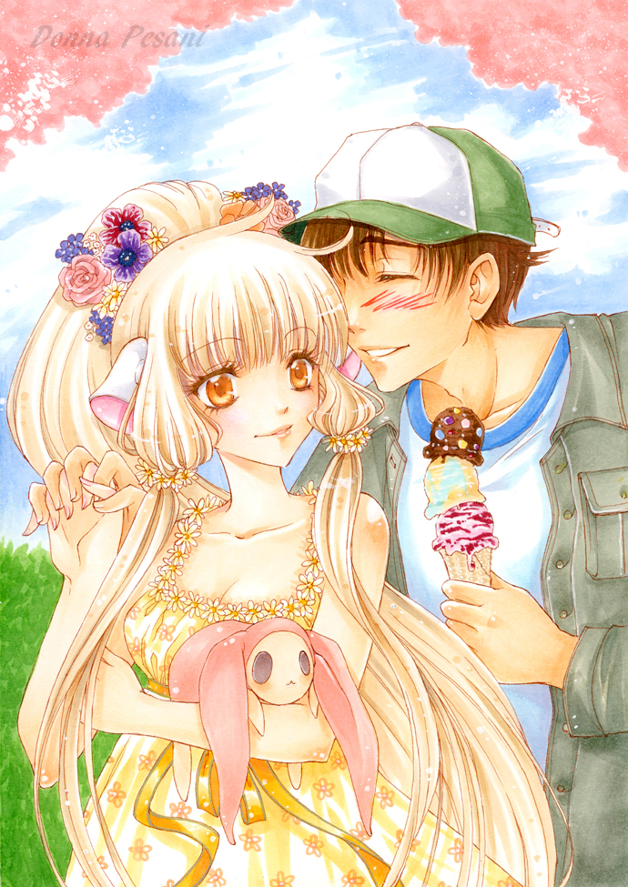 Safebooru - 1girl baseball cap blonde hair cap chii chobits couple dark-persian dress flower ...