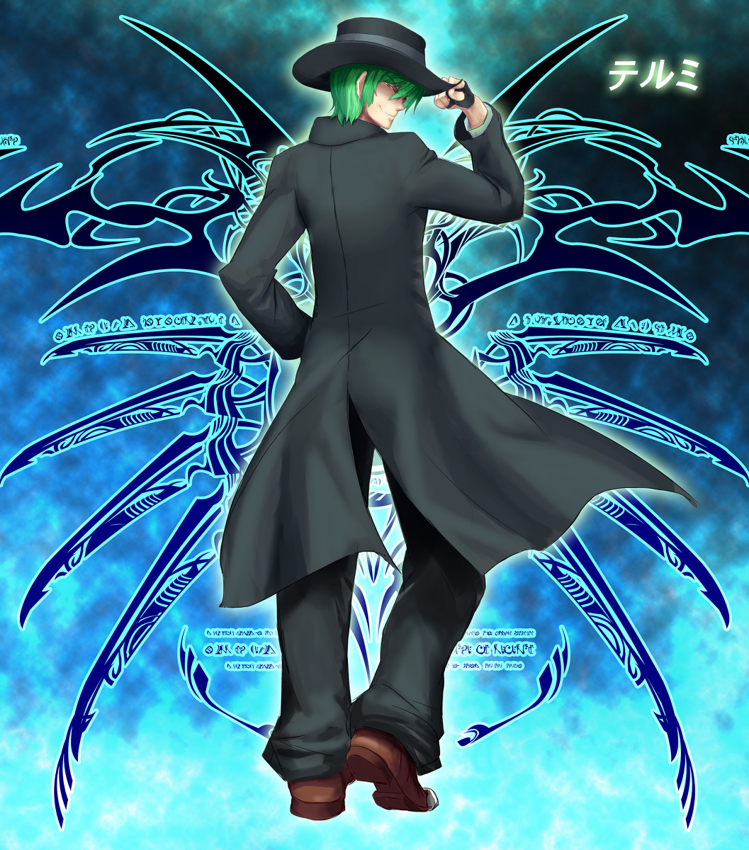 Safebooru - blazblue coat emblem fedora gloves green hair hat hazama ...