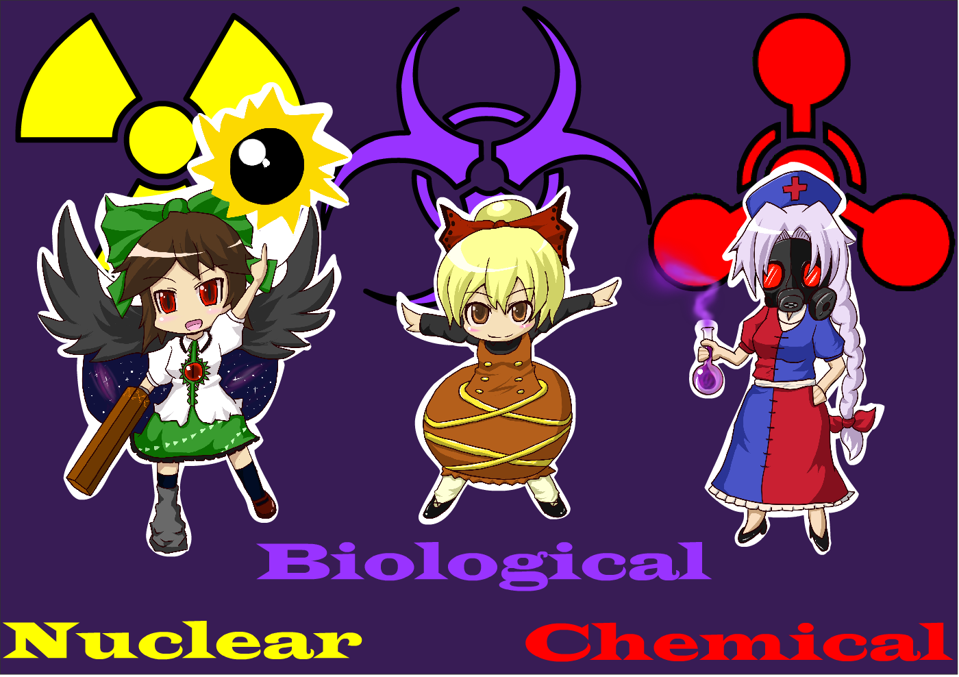 Safebooru - 3girls chibi english gas mask kurodani yamame medicine ...