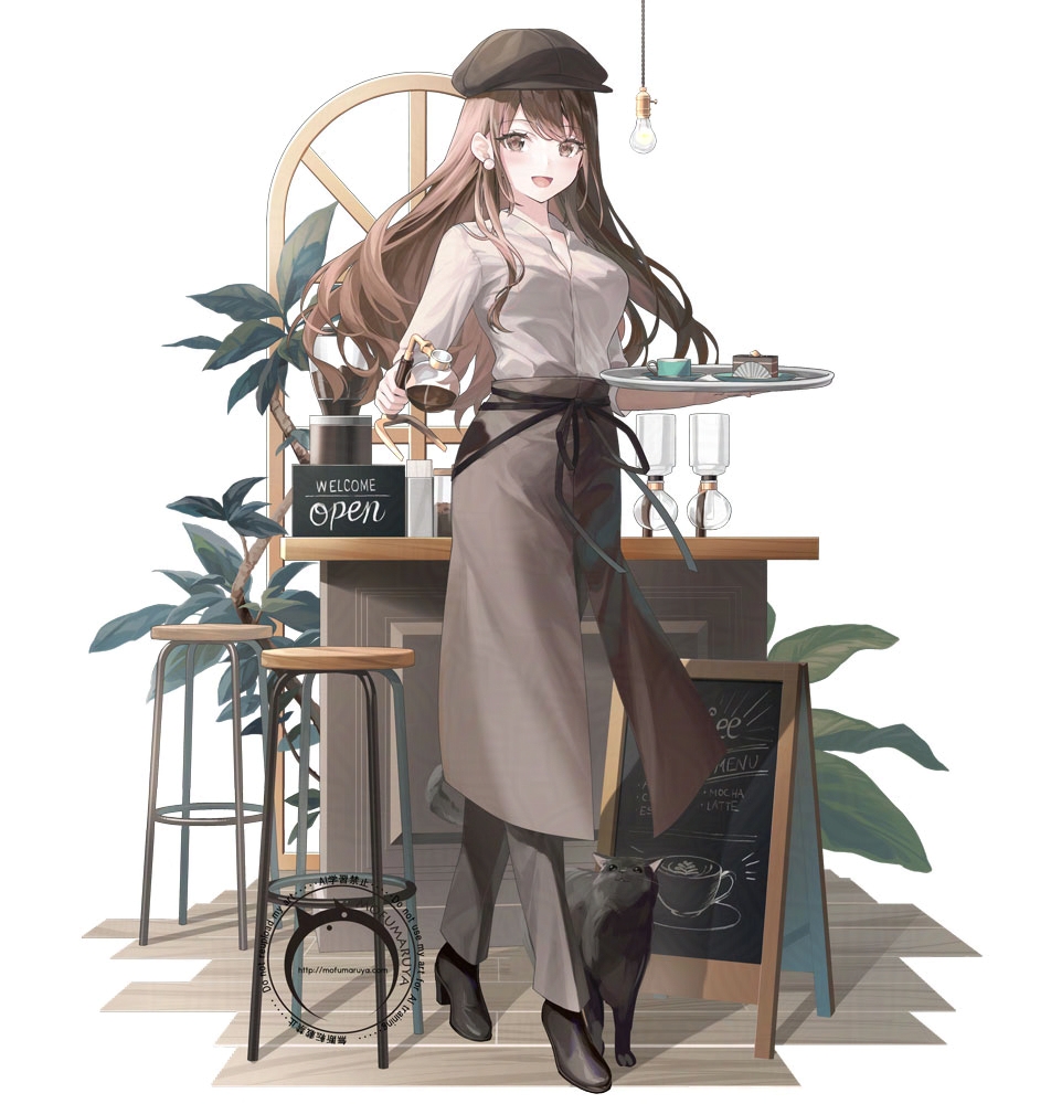 Safebooru - 1girl :d apron black hat black pants black shoes blush ...
